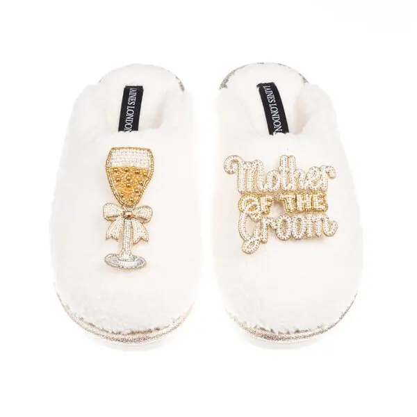 LAINES LONDON Neutrals / Teddy Closed Toe Slippers With Mother Of The Groom Brooches Cream - White