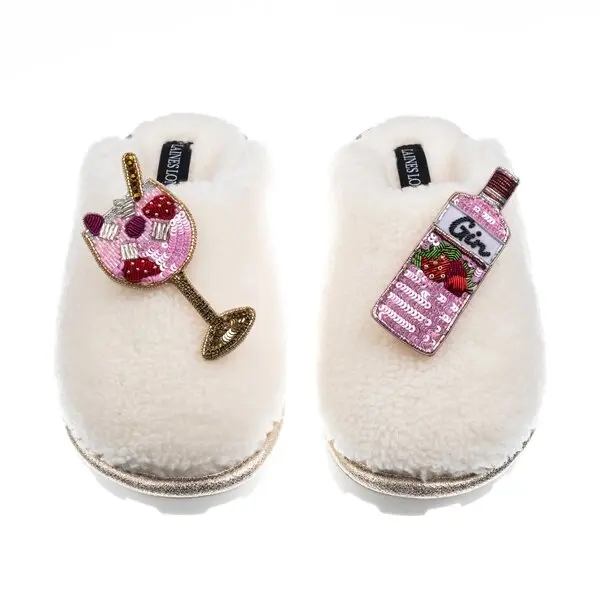 LAINES LONDON Teddy Closed Toe Slippers With Pink Gin & Fruit Glass Brooches Cream - White