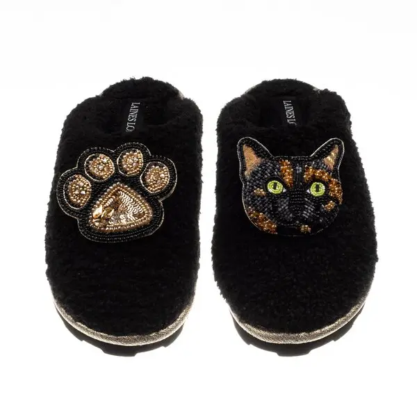 LAINES LONDON Teddy Closed Toe Slippers With Misty Cat & Paw Brooches - Black