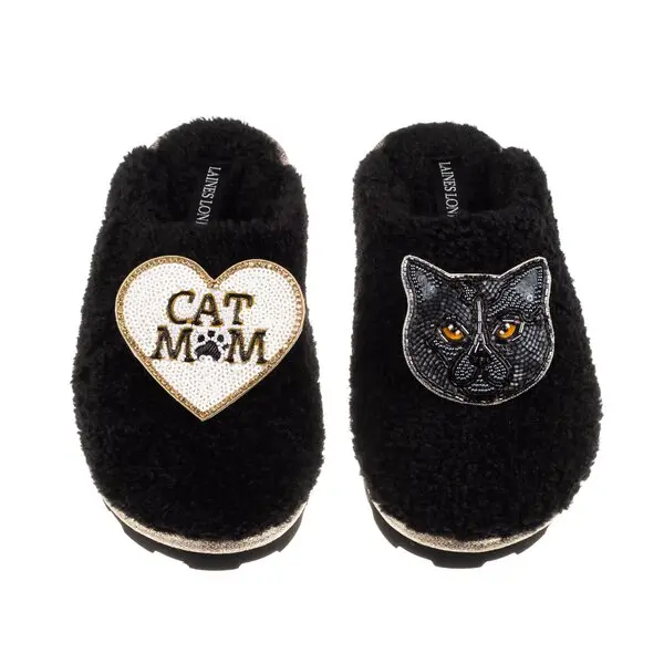 LAINES LONDON Teddy Closed Toe Slippers With Cat Mum/mom & British Shorthair Brooches - Black