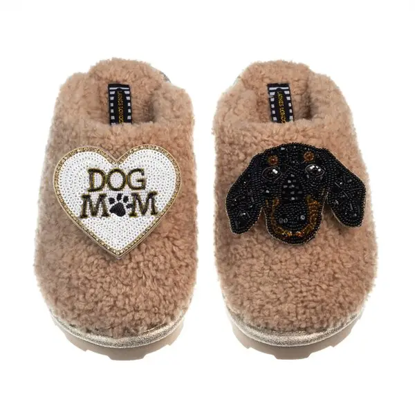 LAINES LONDON Teddy Closed Toe Slippers With Little Sausage The Dachshund & Dog Mum / Mom Brooches Toffee - Brown