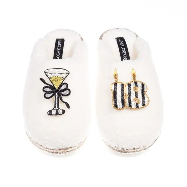 LAINES LONDON Teddy Slippers With Champagne Glass And 18th Birthday Brooch Detail - White