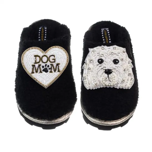 LAINES LONDON Teddy Closed Toe Slippers With Queenie The Bichon Frise & Dog Mum / Mom Brooches - Black