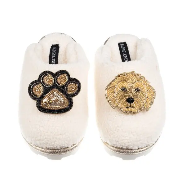 LAINES LONDON Neutrals / Teddy Closed Toe Slippers With Paw & Golden Cockapoo Brooches Cream - White