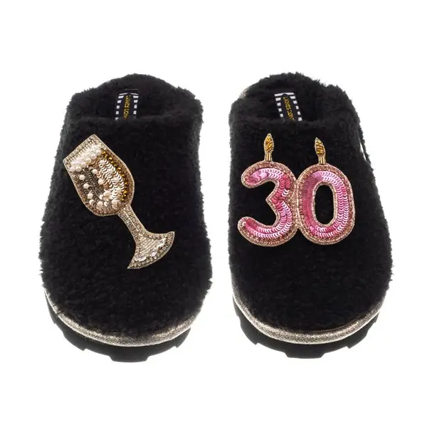 LAINES LONDON Teddy Closed Toe Slippers With 30th Birthday & Champagne Glass Brooches - Black