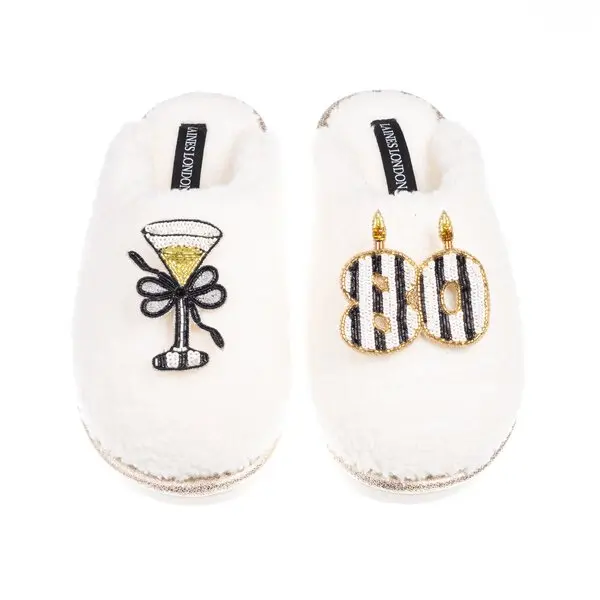 LAINES LONDON Teddy Closed Toe Slippers With Champagne Glass And '80' Brooches - White