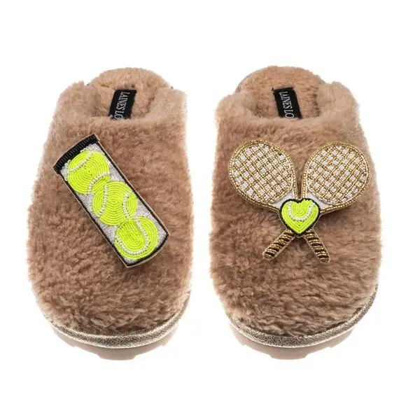 LAINES LONDON Neutrals Teddy Closed Toe Slippers With Tennis Lover Brooches Toffee - Brown