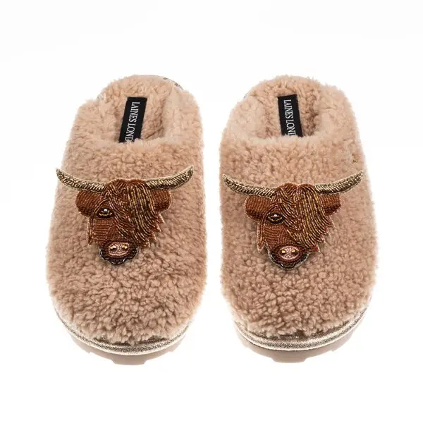 LAINES LONDON Neutrals Teddy Closed Toe Slippers With Double Highland Cow Brooches Toffee - Brown