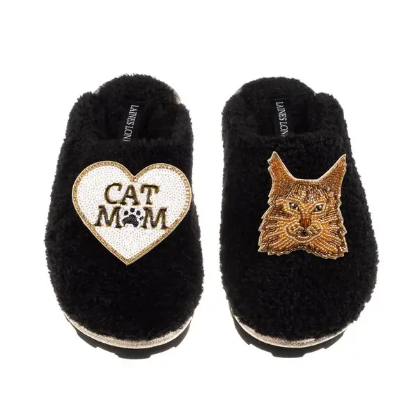LAINES LONDON Teddy Closed Toe Slippers With Cat Mum/mom & Maine Coon Cat Brooches - Black