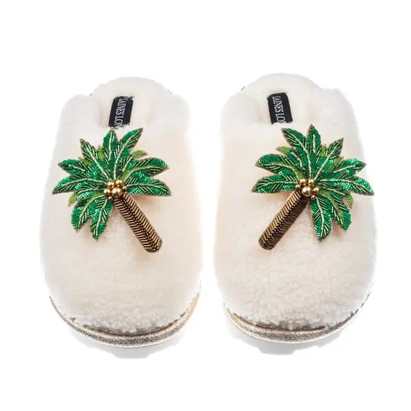 LAINES LONDON Teddy Closed Toe Slippers With Double Palm Tree Brooches Cream - White