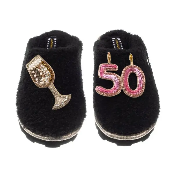 LAINES LONDON Teddy Closed Toe Slippers With 50th Birthday & Champagne Glass Brooches - Black