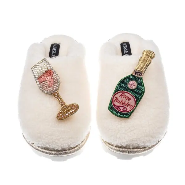 LAINES LONDON Teddy Closed Toe Slippers With Pink Champagne & Glass Brooches Cream - White
