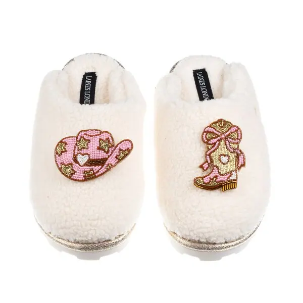LAINES LONDON Neutrals / Teddy Closed Toe Slippers With Cowgirl Hat & Cowgirl Boot Brooches Cream - White