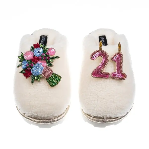 LAINES LONDON Teddy Closed Toe Slippers With 21st Birthday & Flowers Brooches Cream - White