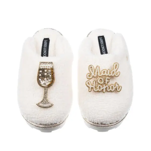 LAINES LONDON Neutrals / Teddy Closed Toe Slippers With Maid Of Honor Brooches Cream - White
