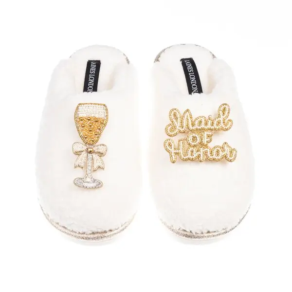LAINES LONDON Neutrals / Teddy Closed Toe Slippers With Maid Of Honor Brooches Cream - White