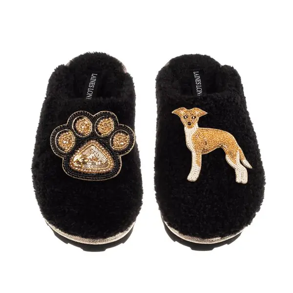 LAINES LONDON Teddy Closed Toe Slippers With Paw & Fawn & White Italian Greyhound Brooches - Black