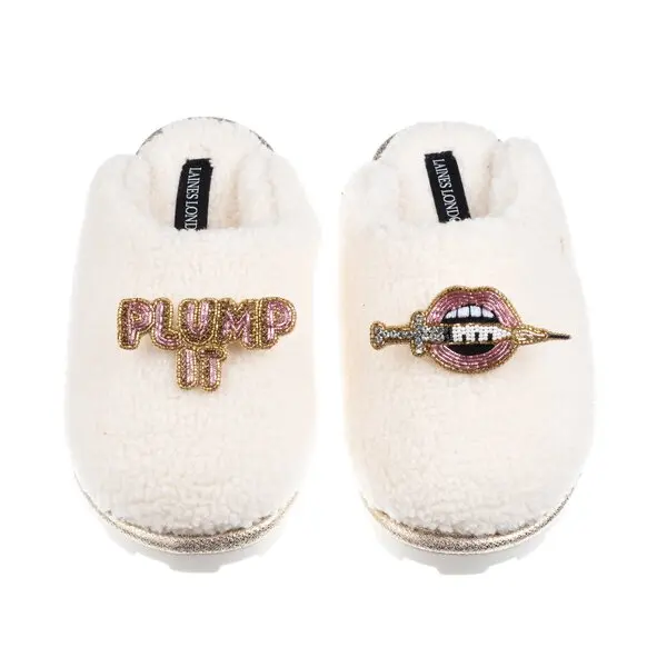 LAINES LONDON Neutrals / Teddy Closed Toe Slippers With Plump It Pout Brooches Cream - White