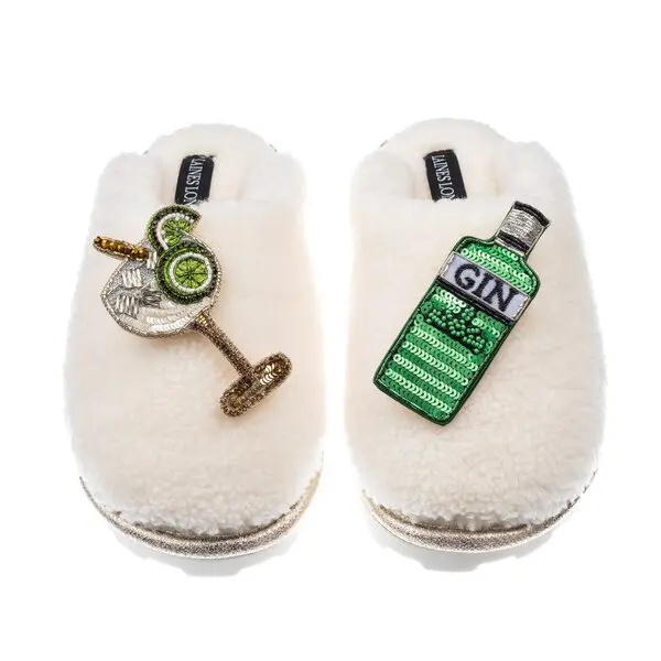 LAINES LONDON Teddy Closed Toe Slippers With Original Gin & Glass Brooches Cream - White