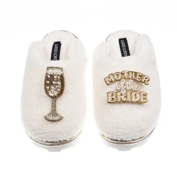 LAINES LONDON Neutrals / Teddy Closed Toe Slippers With Mother Of The Bride Brooches Cream - White