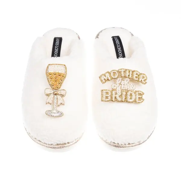 LAINES LONDON Neutrals / Teddy Closed Toe Slippers With Mother Of The Bride Brooches Cream - White