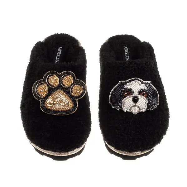 LAINES LONDON Teddy Closed Toe Slippers With Paw & & White Shih Tzu Brooches - Black