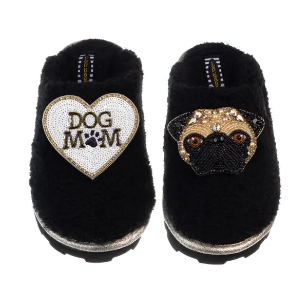 LAINES LONDON Teddy Closed Toe Slippers With Franki The Fawn Pug & Dog Mum / Mom Brooches - Black