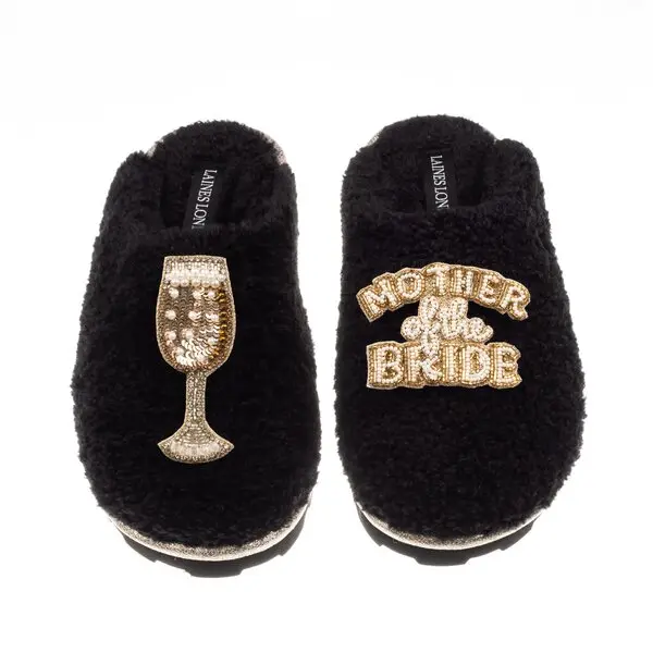 LAINES LONDON Teddy Closed Toe Slippers With Mother Of The Bride Brooches - Black
