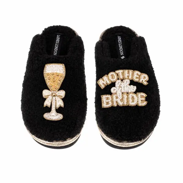 LAINES LONDON Teddy Towelling Closed Toe Slippers With Mother Of The Bride Brooches - Black
