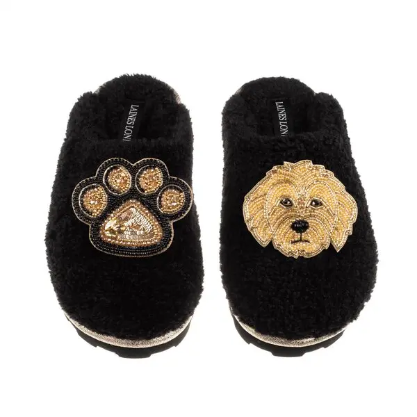 LAINES LONDON Teddy Closed Toe Slippers With Paw & Golden Cockapoo Brooches - Black