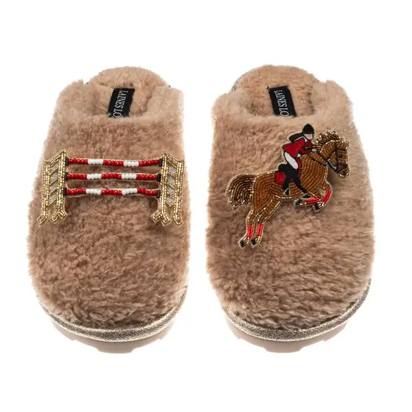 LAINES LONDON Neutrals Teddy Closed Toe Slippers With Show Jump Horse Brooches Toffee - Brown