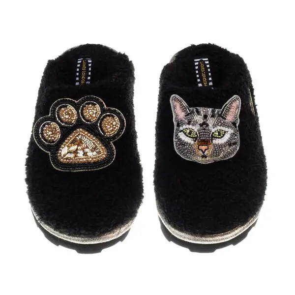 LAINES LONDON Teddy Closed Toe Slippers With Pebbles Cat & Paw Brooches - Black