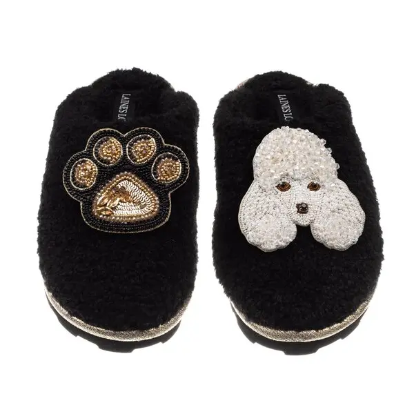 LAINES LONDON Teddy Closed Toe Slippers With Pearl The Poodle & Paw Brooches - Black