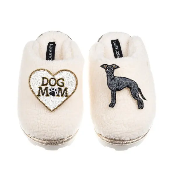 LAINES LONDON Neutrals / Teddy Closed Toe Slippers With Dog Mum/mom & Blue Italian Greyhound Brooches Cream - White