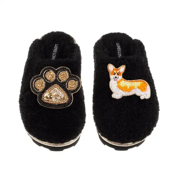 LAINES LONDON Teddy Closed Toe Slippers With Paw & Peach The Corgi Brooches - Black