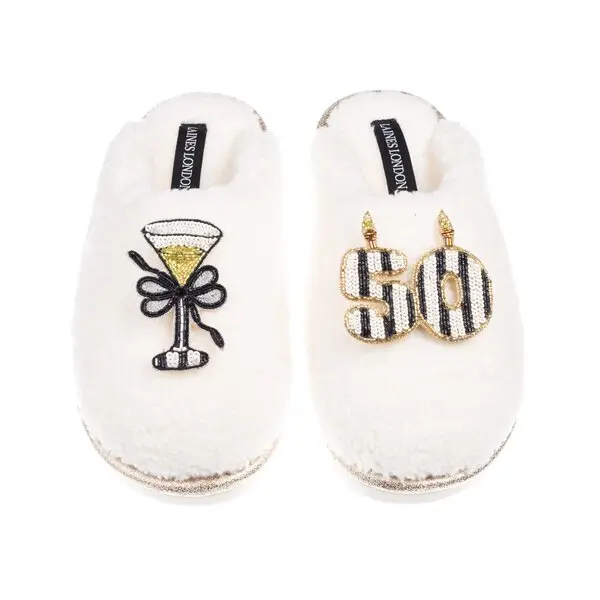 LAINES LONDON Teddy Towelling Closed Toe Slippers With Champagne Glass And "50" Brooches - White