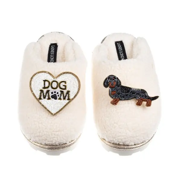 LAINES LONDON Neutrals / Teddy Closed Toe Slippers With Dog Mum/mom & Dapple Dachshund Brooches Cream - White