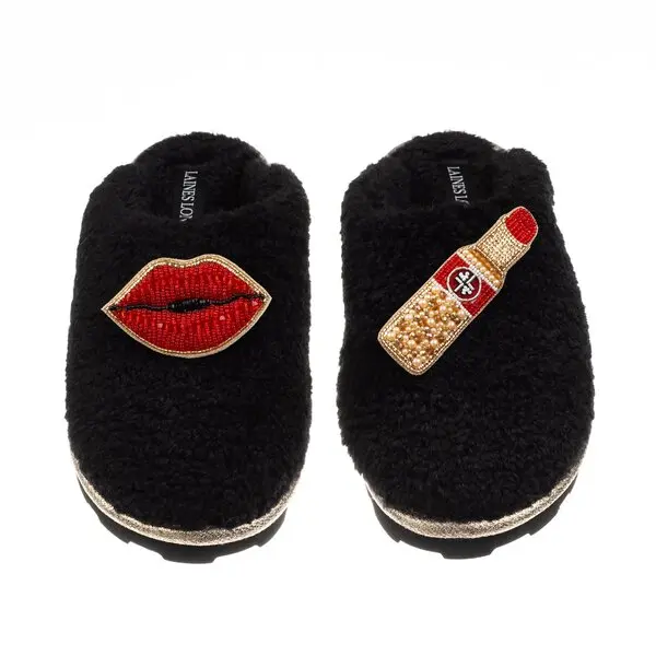 LAINES LONDON Teddy Closed Toe Slippers With Red Lipstick & Lips Brooches - Black