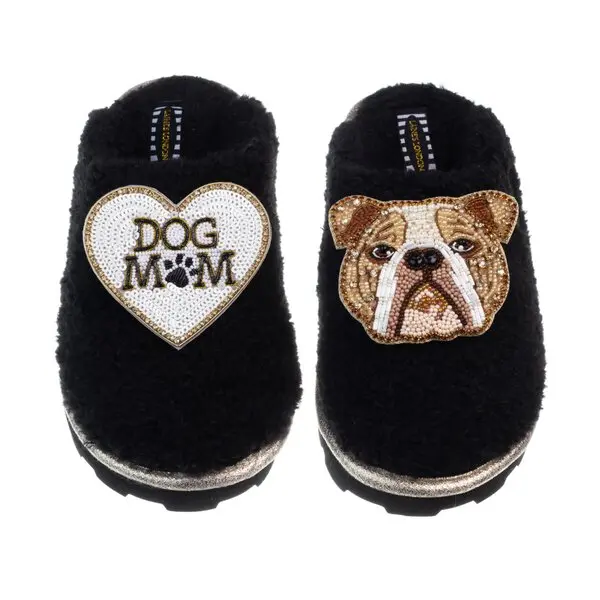 LAINES LONDON Teddy Closed Toe Slippers With Mr Beefy & Dog Mum / Mom Brooches - Black
