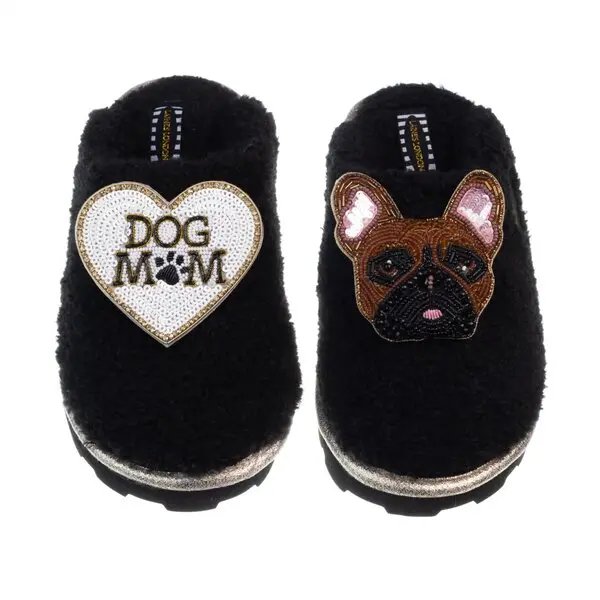 LAINES LONDON Teddy Closed Toe Slippers With Cookie The Frenchie & Dog Mum / Mom Brooches - Black