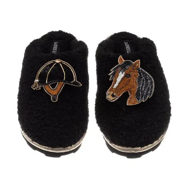 LAINES LONDON Teddy Closed Toe Slippers With Horse & Riding Hat Brooches - Black