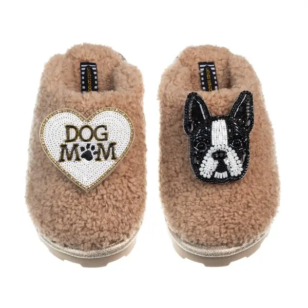 LAINES LONDON Teddy Closed Toe Slippers With Buddy The Boston Terrier & Dog Mum / Mom Brooches Toffee - Brown