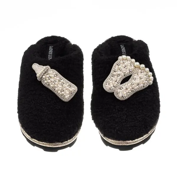 LAINES LONDON Teddy Closed Toe Slippers With Pearl New Baby Brooches - Black