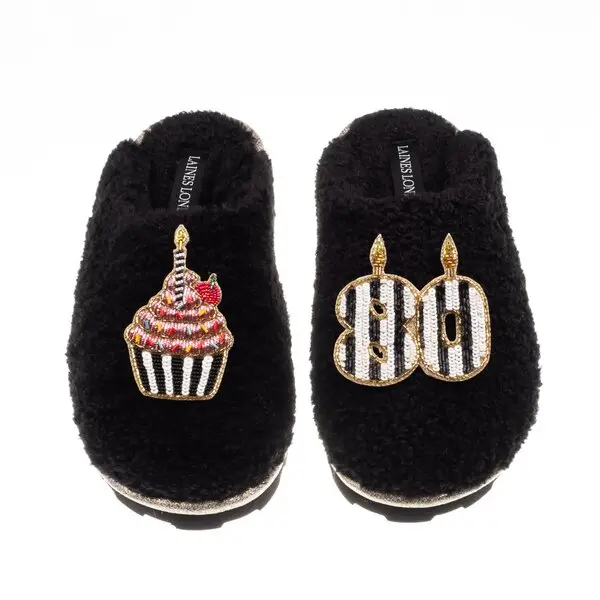 LAINES LONDON Teddy Closed Toe Slippers With Stripe 80th Birthday & Cake Brooches - Black