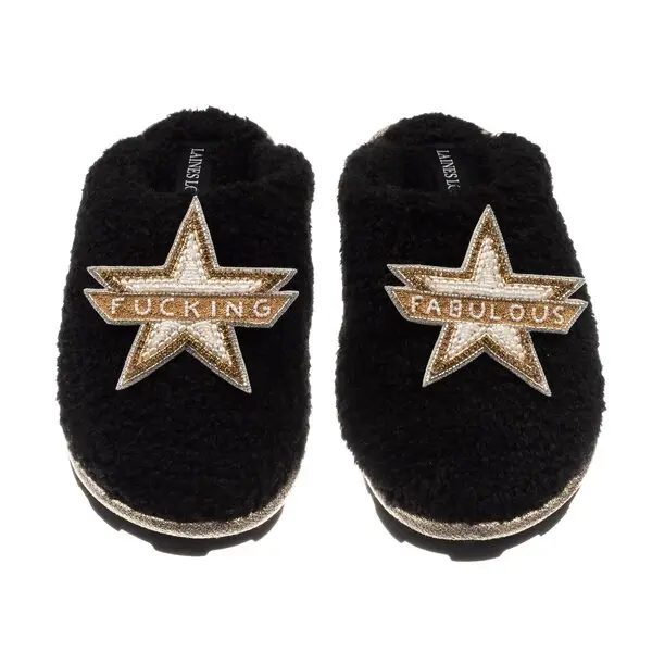 LAINES LONDON Teddy Closed Toe Slippers With Fucking Fabulous Brooches - Black
