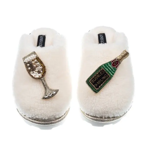 LAINES LONDON Teddy Closed Toe Slippers With Bubbles Darling Brooches Cream - White