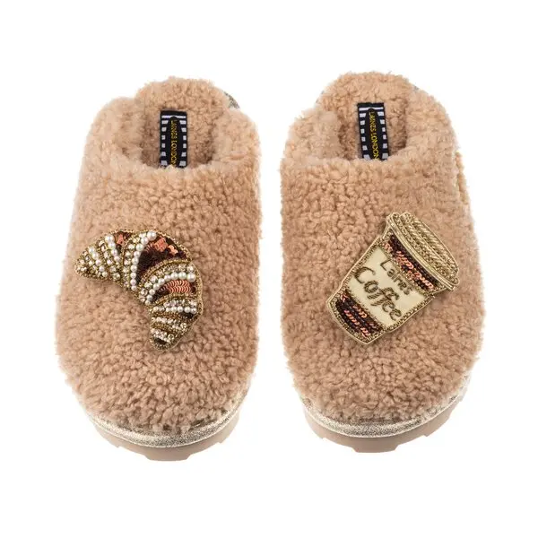 LAINES LONDON Teddy Towelling Closed Toe Slippers With Coffee & Croissant Brooches Toffee - Brown