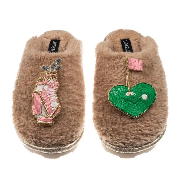 LAINES LONDON Neutrals Teddy Closed Toe Slippers With Golf Lover Brooches Toffee - Brown