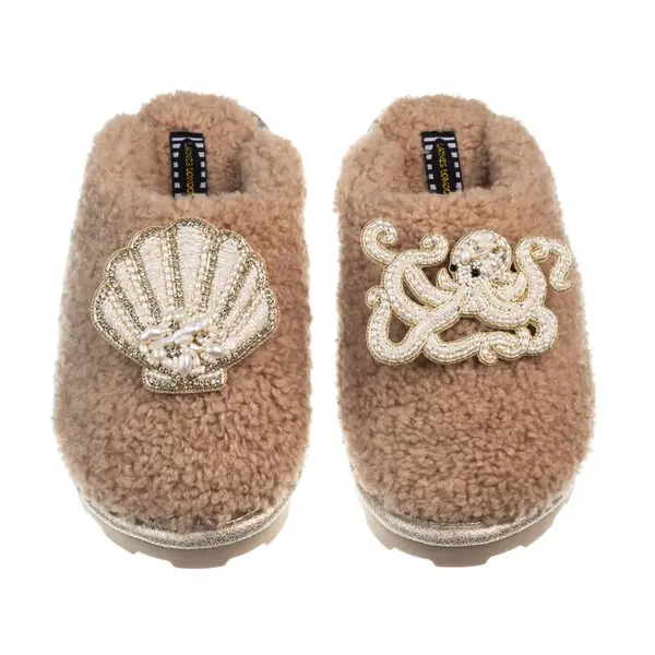 LAINES LONDON Teddy Closed Toe Slippers With Pearl Beaded Octopus & Shell Brooches Toffee - Brown