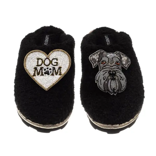 LAINES LONDON Teddy Closed Toe Slippers With Ernie The Schnauzer & Dog Mum / Mom Brooches - Black